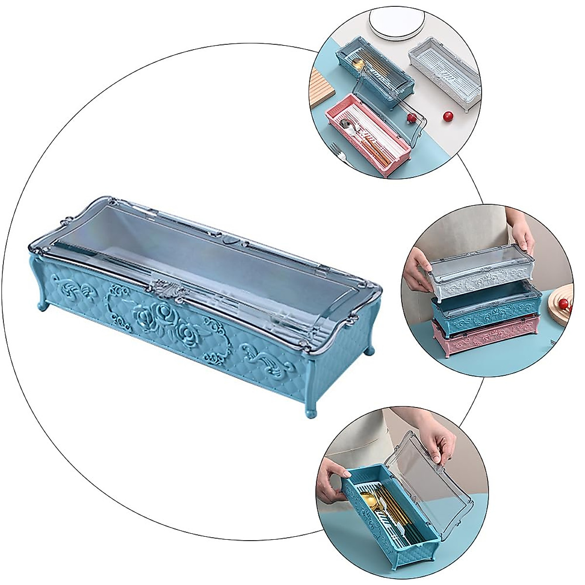 TOPBATHY Flatware Plastic Tray with Lid Kitchen Cutlery and Utensil Drawer Organizer Silverware Countertop Storage Container(Random Color)