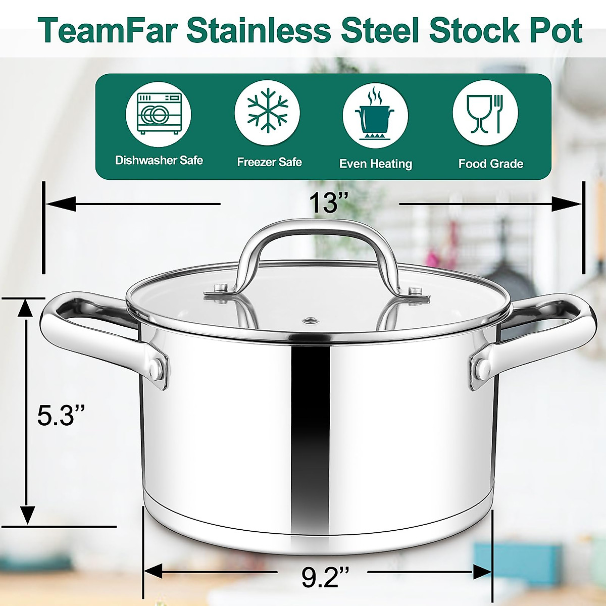 TeamFar 5 QT Stock Pot, Tri-ply Bottom Stainless Steel Stockpot Cooking Soup Pasta Pot with Lid for Gas/Induction/Electric Stoves, Non-toxic & Heavy Duty, Double Handles & Dishwasher Safe