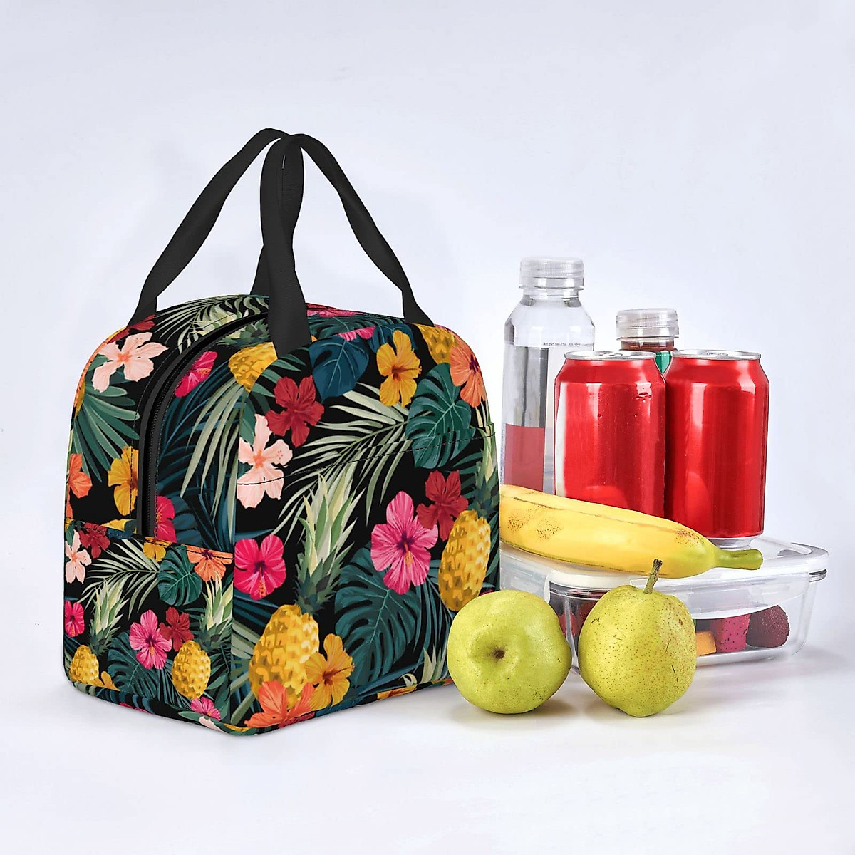 Fiokroo Lunch Bag Insulated Palm Leaves Hibiscus Flowers Lunch Box Tropical Pineapples Fruit Reusable Lunch Tote Bag For School Work College Outdoor Travel Picnic, 6l
