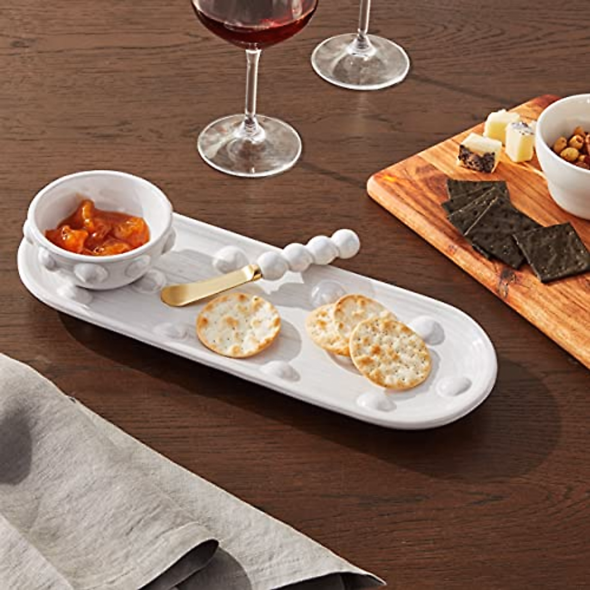 Mud Pie Dotted Dip and Tray Set, Size 5" x 14" 2" x 4 1/4" Dia | Spreader 6 1/2", White
