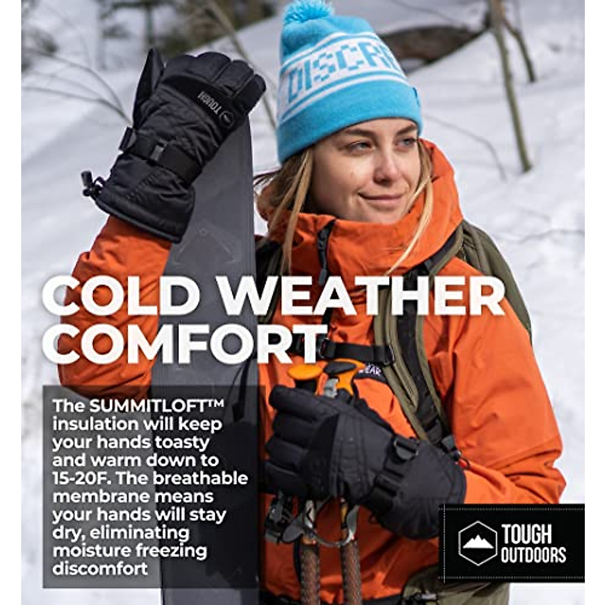 Tough Outdoors Ski Gloves - Waterproof Snow Gloves for Women and Men - Winter Snowboard Gloves - Skiing & Snowboarding Gloves for Cold Weather - with Wrist Leashes, Nylon Shell, Thermal Insulation