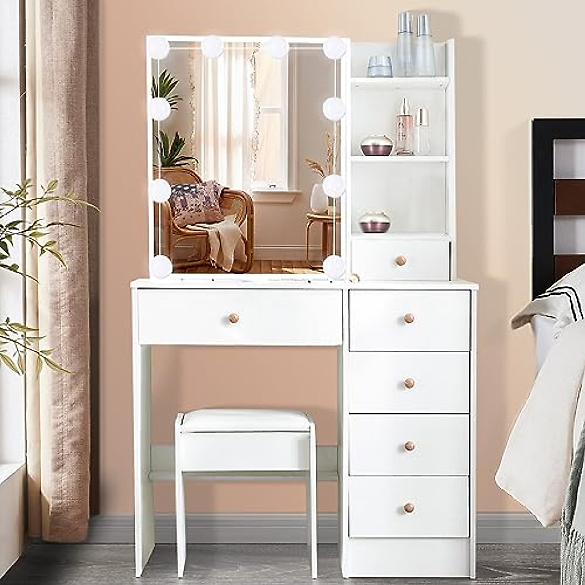 Makeup Vanity Set with Mirror & Lights, 5 Storage Drawer & Stool, 3 Lighting Modes Adjustable Brightness, Bedroom Dressing Table for Women Girls, White (Modern Vanity W-4)