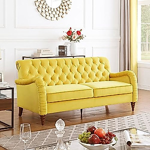 JINS&VICO Sofa Couch, Velvet Accent Sofa with Tufted Back, Upholstered Chesterfield Couch,Modern Sofa with Wood Legs for Living Room Furniture, Yellow