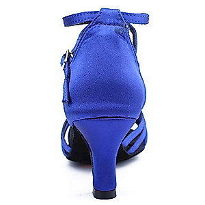 DKZSYIM Women's Blue Satin Latin Dance Shoes Ballroom Performance Shoes,Model WZJCL, 6 B(M) US