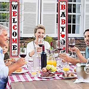 Baby Q Banner Decorations BBQ Baby Shower Banner for Summer Party Supplies Favors Summer Porch Sign Red Gingham Barbecue Picnic Party Decor Supplies Banner Hanging Decoration