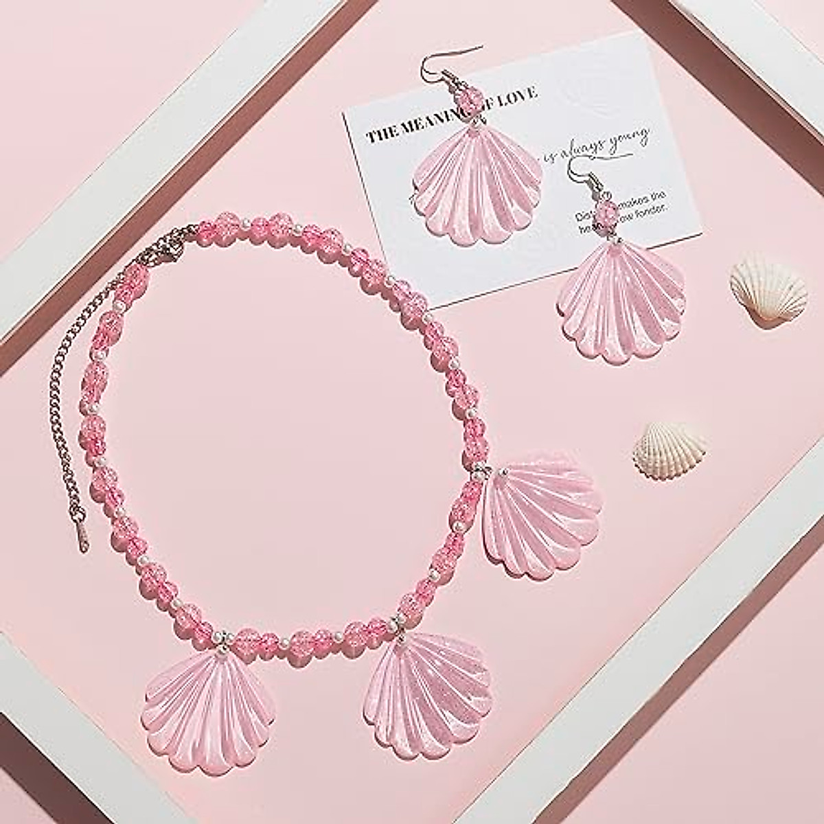 Qiuseadu Pink Seashell Necklace Earrings Set Girls Costume Dress Up Accessories Jewelry for Girls Women