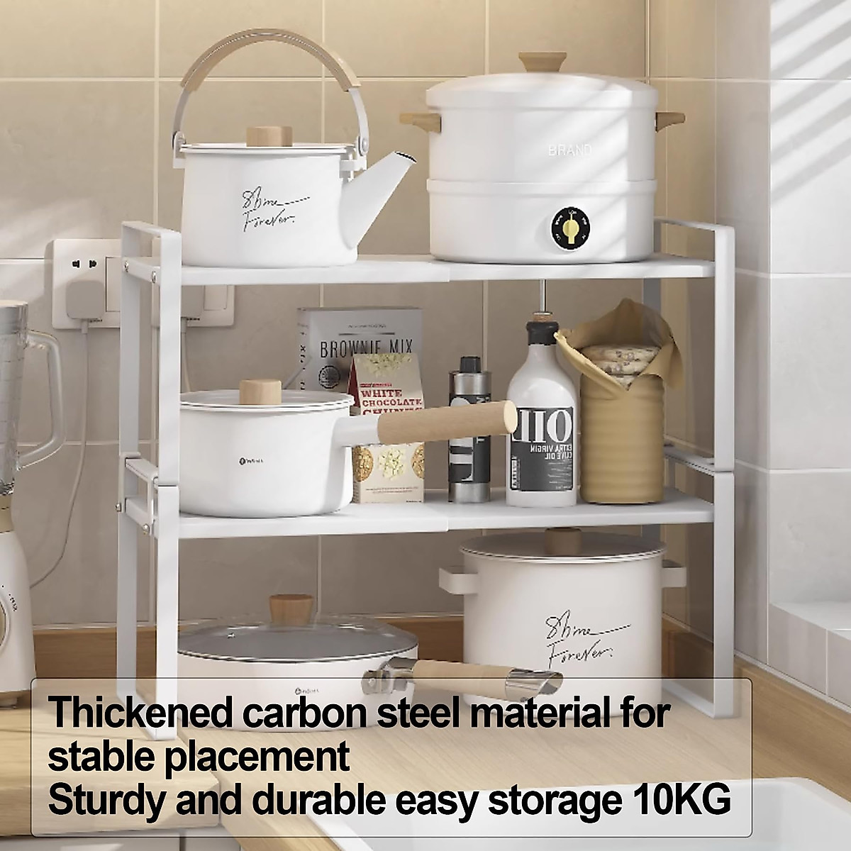 LONONE Under Cabinet Organizer Shelf Under Sink Organizer Kitchen Adjustable Under Sink Organizers and Storage Bathroom,White,Double Layer