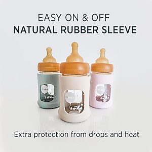 HEVEA Plastic-Free Wide Neck Glass Baby Bottle with Sand Sleeve - Medium Flow Anti Colic Baby Bottles 3-24 Months - BPA-Free, Single-Pack (8.5 Oz)