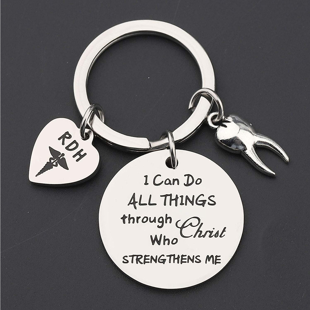 LQRI Dentist Gift Registered Dental Hygienist Gift I Can Do All Things Through Christ Who Strengthens Me Keychain Dental Jewelry Dentist Retirement Gift RDH Graduation Gift (sliver)