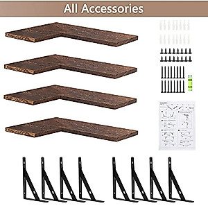 SEHERTIWY Corner Floating Shelves Wall Mounted Set of 4, Rustic Wood Wall Storage Shelves for Bedroom, Living Room, Bathroom, Kitchen, Office and More (Rustic Brown)