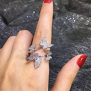 YERTTER Dainty Iced Out Butterfly Ring Layered Rhinestone Butterfly Ring Tail Ring Finger Ring Open Chic Ring for Women (Silver)
