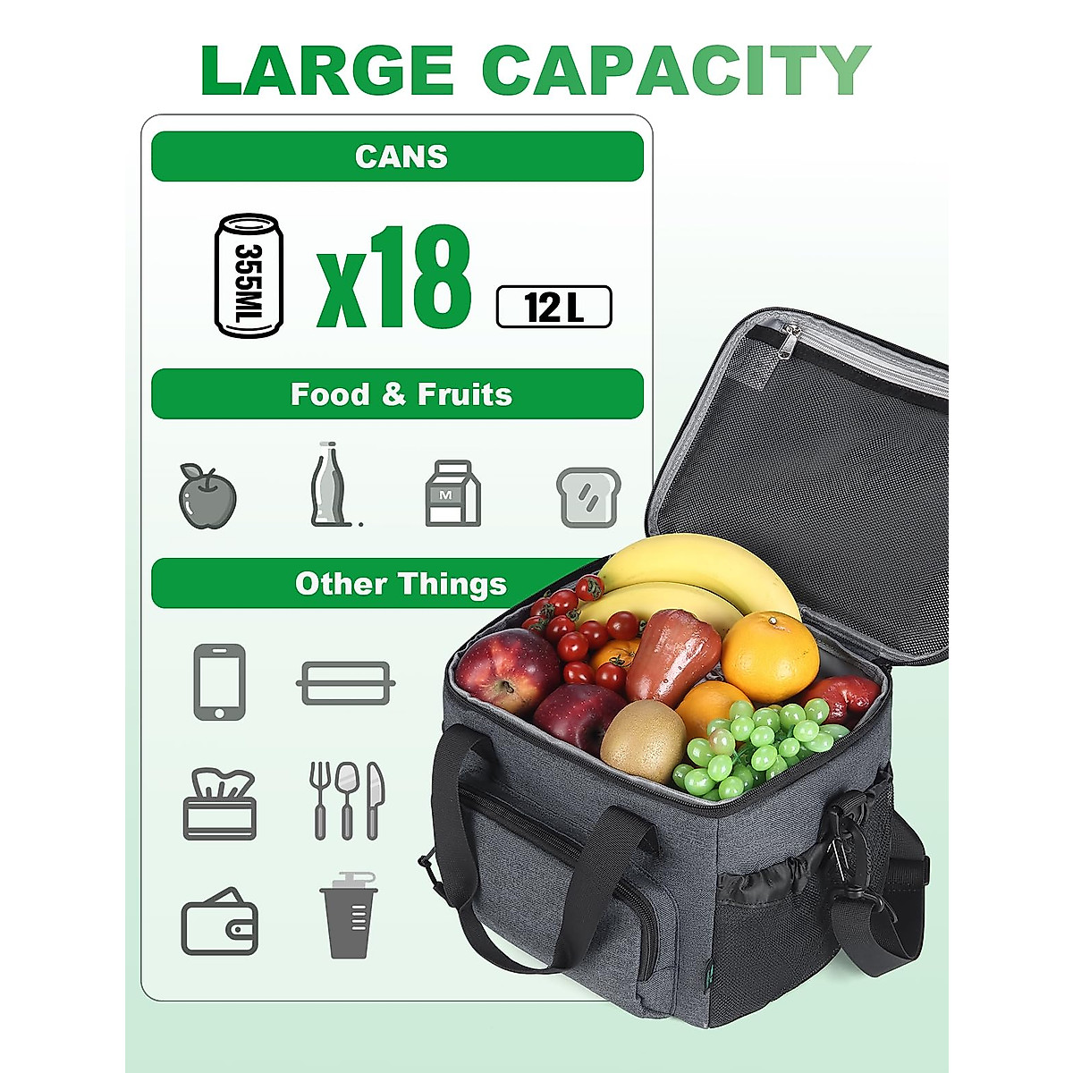 F40C4TMP Lunch Box for Men, Insulated Lunch Bag Large Adults, 12L Reusable Black Lunchbox Cooler Bag for Work Picnic School