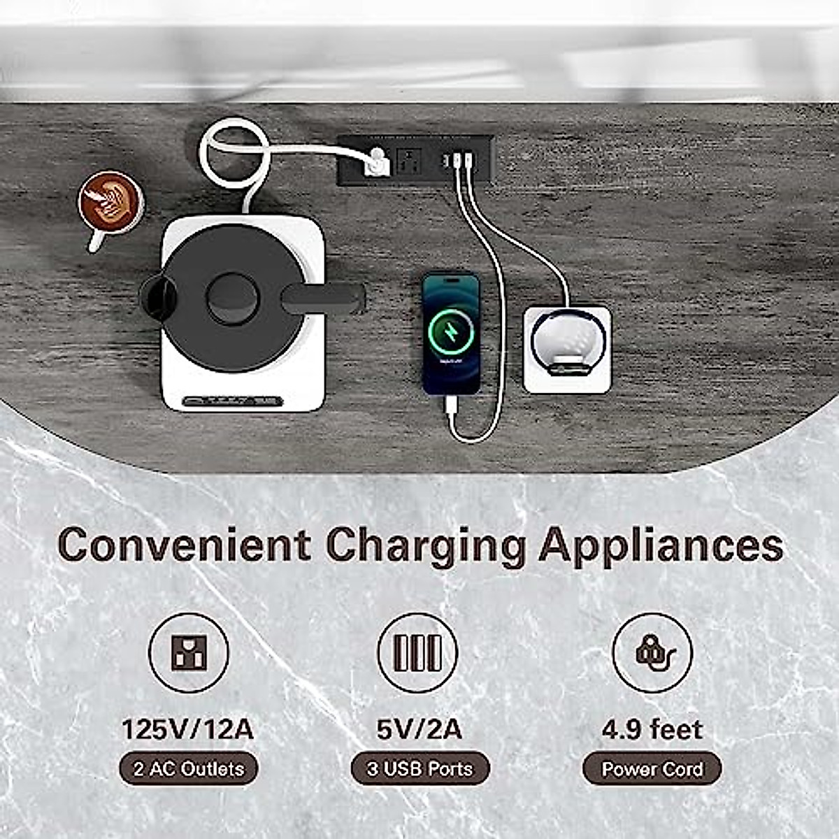 Zarler Bar Table Cabinet with Power Outlet, LED Home Mini Bar for Liquor and Glasses, Metal Wine Bar Stand with 4-Tier Storage, Grey