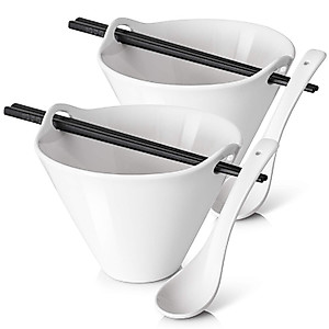 DOWAN Ramen Bowls Set of 2, Japanese Noodle Bowls with Chopsticks and Spoons, 20 Ounce Deep Pho Bowls, White Kitchen Bowls for Ramen, Soup, Dishwasher & Microwave