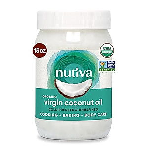 Nutiva Organic Coconut Oil 15 fl oz, Cold-Pressed, Fresh Flavor for Cooking, Natural Hair, Skin, Massage Oil and, Non-GMO, USDA Organic, Unrefined Extra Virgin Coconut Oil (Aceite de Coco)