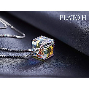 PLATO H Girls S925 Sterling Silver Necklace Crystals Cube Pendant for Women Unique Jewelry with Exquisited Gift Box Valentines Mothers Day for Her
