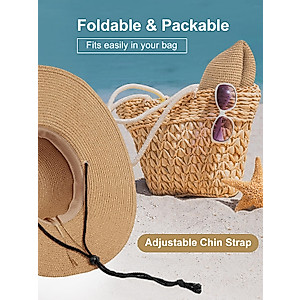 Womens Sun Hat Wide Brim Foldable Beach Hats for Women UV Protection Summer Straw Hat with Wind Lanyard Khaki