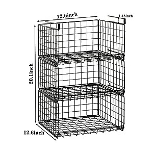 3-Tier Under Closet Shelf Basket Hanging Clothes Storage Organizer Slides Under Shelves Space Saving Stackable Cabinet Bins Foldable Metal Wire Rack with 2 Hooks for Clothing Sweaters Bedroom