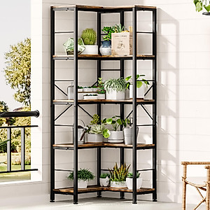 Gujiam 5-Tier Corner Bookshelf, 70.86" Tall Corner Bookcase,5-Shelf Industrial L-Shaped Coner Shelf with Metal Frame for Home Office,Living Room,Bed Room(Rustic Brown)
