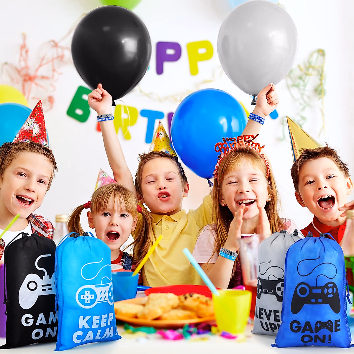 Jexine 36 Pcs Video Game Party Favors Include 12 Gamer Drawstring Bags 12 Gamer Bracelets Wristbands and 12 Video Game Controller Keychain Decorations for Video Game Birthday Party Supplies