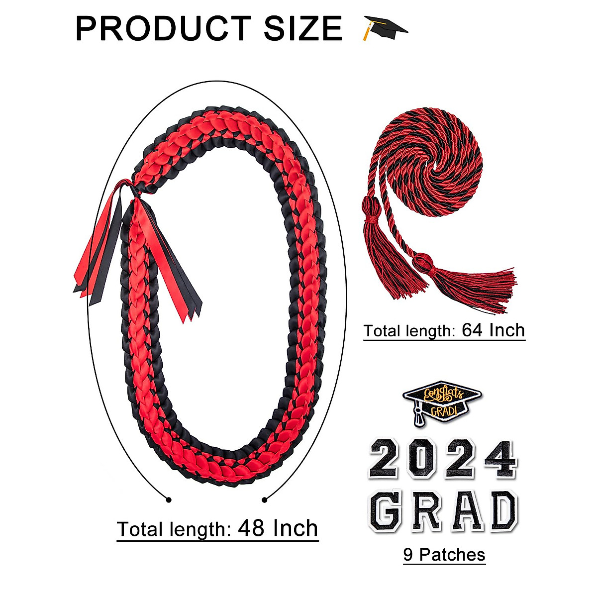 ALKB 11 Pcs Graduation Ribbon Leis, Black Red Graduation Braided Necklace with Honor Cord Class of 2024 Graduation Gift for High School College Graduation Party Supplies