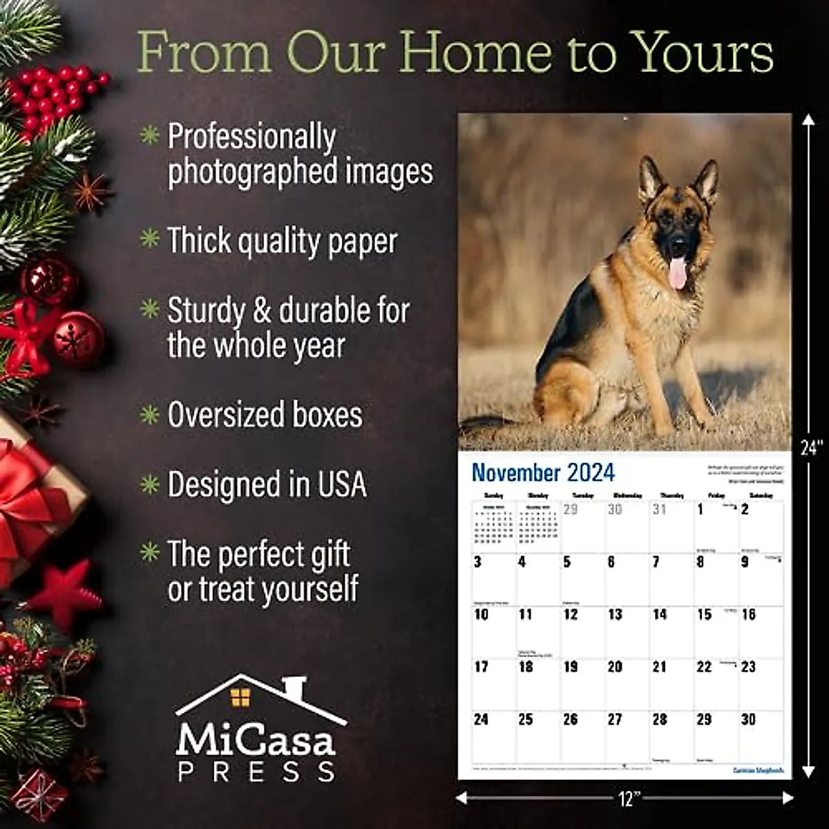 MICASA German Shepherds 2024 Wall Calendar 12 Month | 12" x 24" Open | Thick & Sturdy Paper | Giftable | Calendar 2024