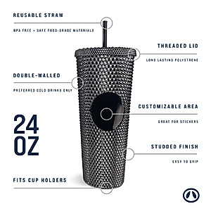 Hogg 24oz Studded Tumbler - Glossy Black, Iced Coffee Cups with Lids Reusable, 24 oz Tumbler with Lid and Straw, Venti Reusable Iced Coffee Cup, Bling Cup, DIY Circle for Vinyl or Stickers
