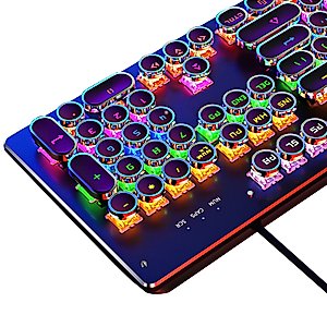 Basaltech Keyboard Wired, Typewriter Style Mechanical Keyboard with LED Backlight, Steampunk Keyboard with 104-Keys Round Keycaps, Black Switch Wired Keyboard for Computer or Mac