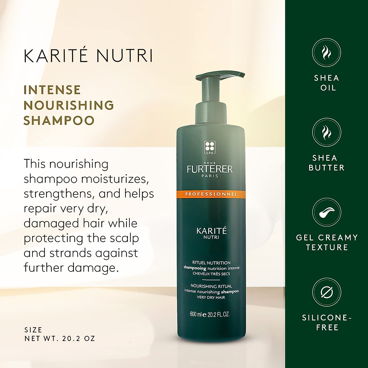 Rene Furterer KARITE NUTRI Intense Nourishing Shampoo, Very Dry Damaged Hair, Shea Oil, Shea Butter, Pump, 20.2 oz.
