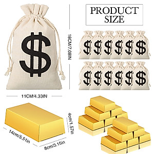 12 Pieces Canvas Money Bag Pouch with Drawstring and 12 Pieces Gold Bar Party Boxes 7 x 4.33 Inch Money Bag Pirate Gold Boxes for Children Toys Presents Crafts Pirate Theme Birthday Party Supplies