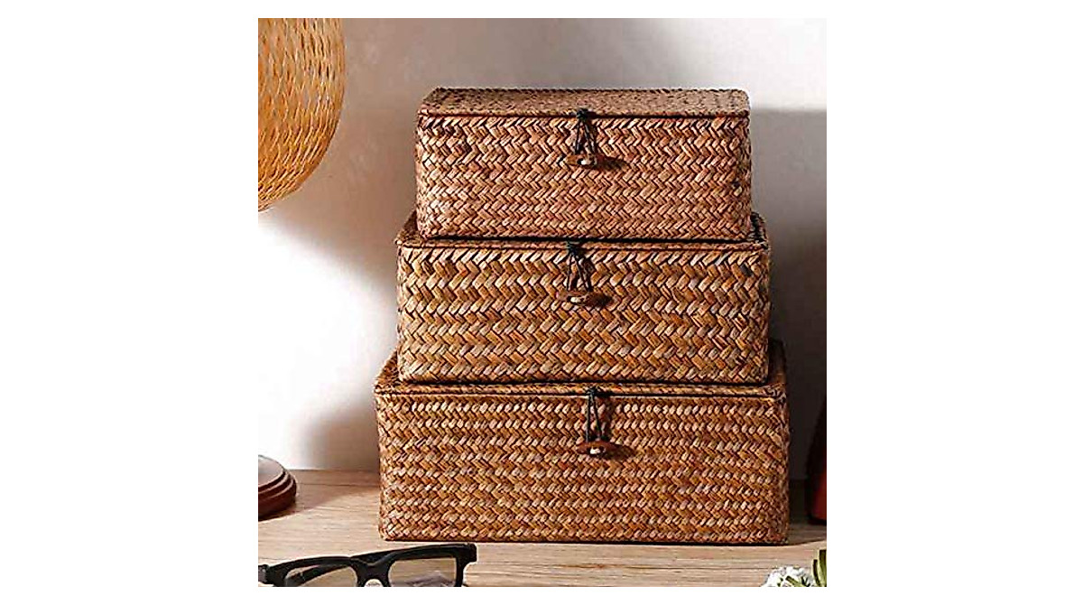 Woven Straw Storage Bins with Lid - Set of 4 for Stylish Organization