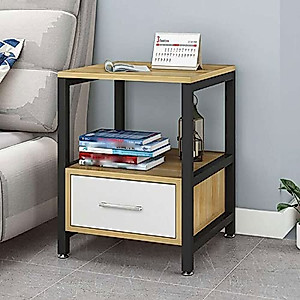 sgzyl 2 Tier Bedside Table with Drawers Side Table Antique Bedside Table with Metal Frame Wood Grain Living Room (Color : E)