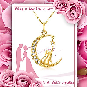 SISGEM 14K Real Gold Moon Cat Necklace for Women, Delicate Gold Cat Star Crescent Moon Pendant Anniversary Jewelry Gift for Her,Wife, Mom, Girl 18"