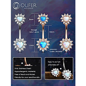 OUFER 14G Belly Button Rings, 316L Surgical Steel Belly Rings, Double Heart Cubic Zircon Filigree Opal Navel Rings Belly Piercing Jewelry For Women And Men-Blue