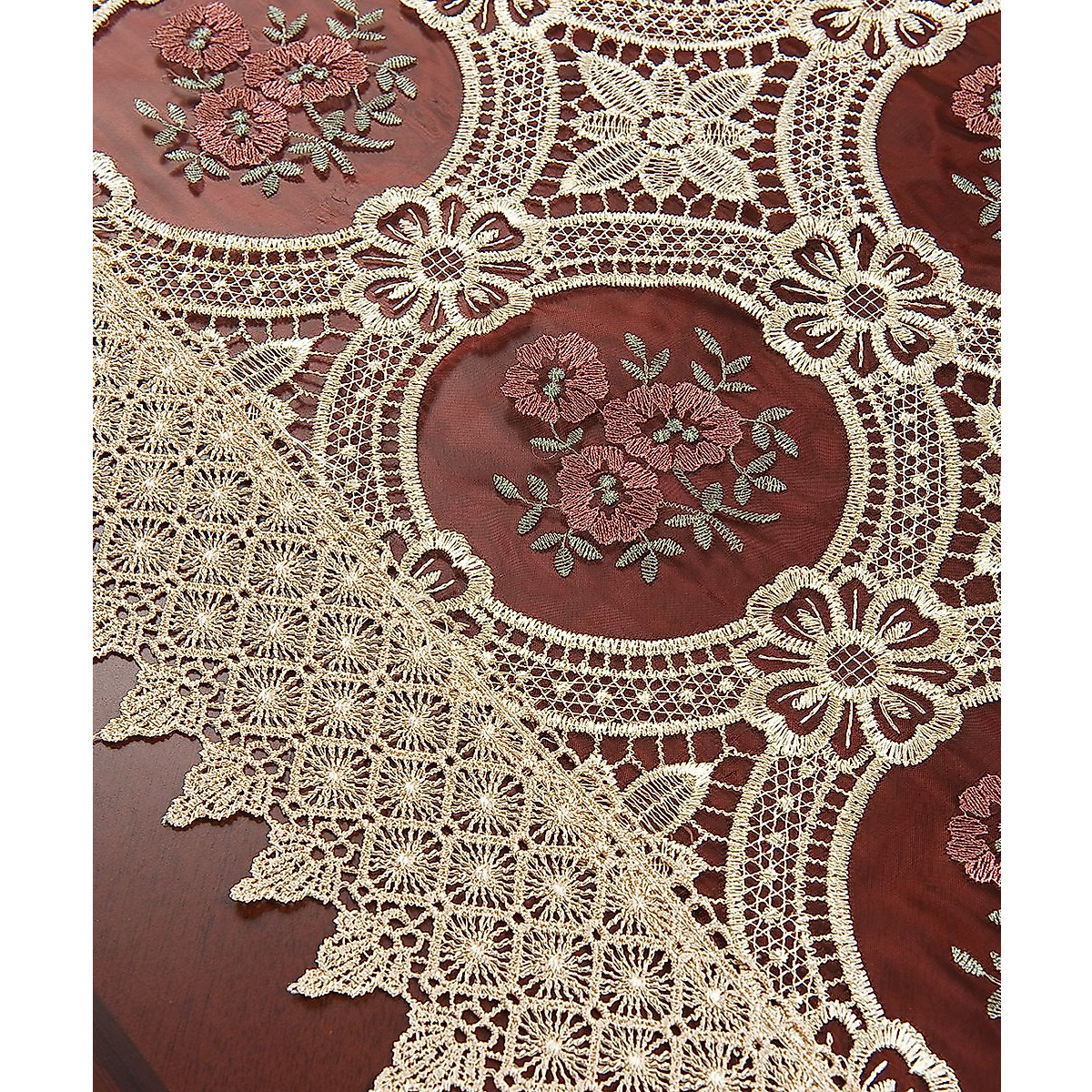 Simhomsen Antique Gold Lace Table Runner Embroidered Burgundy Organza 16 × 90 Inch