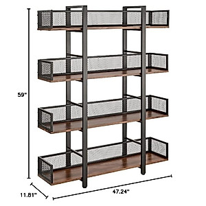 TODDLA 4 Tier Industrial Book Shelf, Solid Wood Bookcase, Rustic Book Case, Metal and Wood Book Shelf, Pine Wood Bookshelves, Real Wood Bookshelf