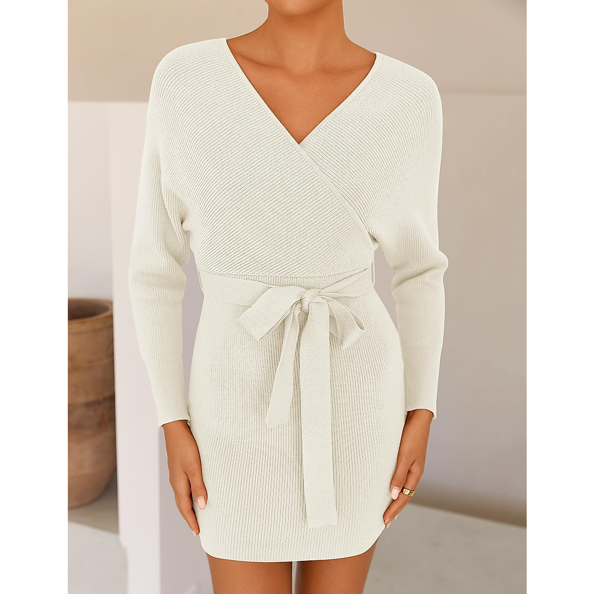 ZESICA Women's Fall Long Batwing Sleeve Wrap V Neck Knitted Backless Bodycon Pullover Sweater Dress with Belt,Apricot,Small