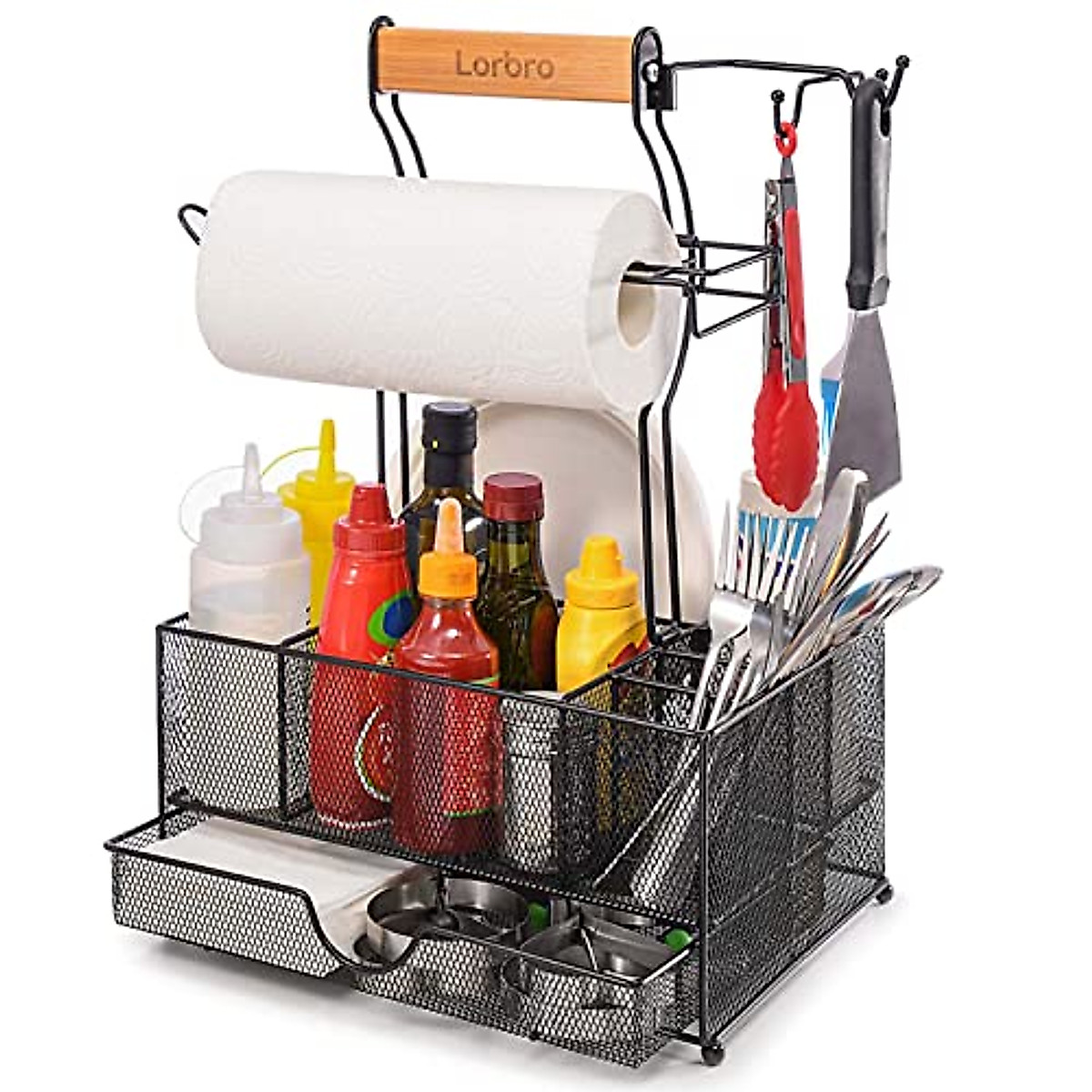 Lorbro Large Grill Utensil Caddy with Drawer, Picnic Camping Caddy with Paper Towel Holder, BBQ Organizer for Grilling Tool, Ideal Organizer for Picnic Condiment and Outdoor Griddle Accessories