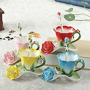 YBK Tech Creative 3D Rose Bone China Ceramic Coffee Mugs Afternoon Tea Cup and Saucer Set (Yellow)