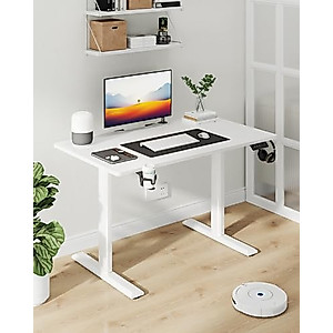 Shahoo Electric Standing Desk, 43 Inch Height Adjustable Home Office Table with Headphone Hook and Cup Holder, Withe Legs/Withe Top