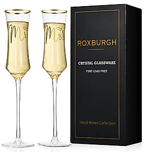ROXBURGH Champagne Flutes Glasses Set of 2, Hand Blown Crystal Wedding Toasting Flutes for Bride and Groom, Long Stem Mr and Mrs Champagne Glasses for Wedding Engagement Anniversary Christmas Gifts