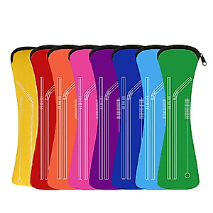 Hoshen 7 Piece 8.5 Inch Reusable Stainless Steel Straw Set With Anti-Scratch Mouth Silicone Tip, Bone Pack Set (3 Straight/3 Curved/1 Brush/6 Silicone Mouth) - Red