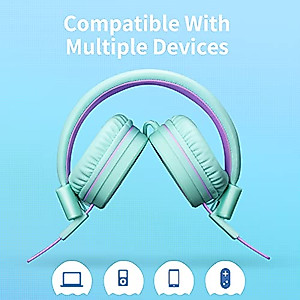 POWMEE P10 Kids Headphones with Microphone Stereo Headphones for Children Boys Girls,Adjustable 85dB/94dB Volume Control Foldable On-Ear Headphone with Microphone for School/PC/Cellphone(Green)