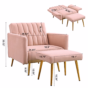 Modern Velvet Single Sofa Chair with Ottoman, Accent Living Room Chairs with Adjustable Armrests, Upholstered Tufted Lounge Chair for Home, Bedroom, Office (Pink)