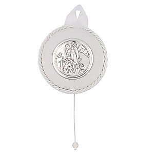 Guardian Angel Guiding Children Crib Medal | Plush White with Silver-Tone Plate | Great Catholic Gift for Baptism | Christian Nursery and Bedroom Décor