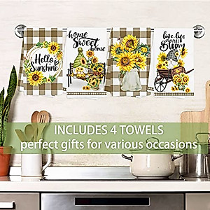 pinata Sunflower Kitchen Towels Set of 4-Gnome Bee Sunflower Dish Towels-Hello Sunshine Seasonal Tea Towels-Cute Home Sweet Home Hand Towels-Housewarming Gifts Sunflower Kitchen Decor for New Home