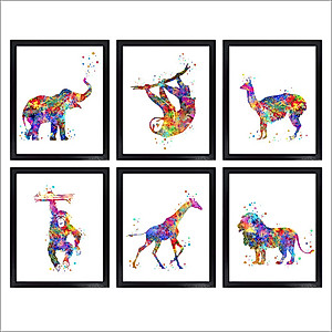 Dignovel Studios Unframed (Set of 6) 8X10 Elephant Sloth Alpaca Chimpanzee Giraffe Lion Watercolor Wild Animal Prints Baby Art Print Set Nursery Decor dnc6