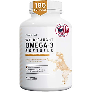 Wild Caught Omega 3 Fish Oil for Dogs - 180 Softgel Capsules for Healthy Skin and Coat - 1000 mg Dog Fish Oil Pills for Shedding, Dry Itching Skin, and Hot Spots