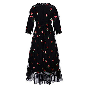 Daorokanduhp Fashion Women Long Dress Sexy Strawberry Sweet Mesh Yarn V-Neck Pleated Casual Ankle Length Sundress