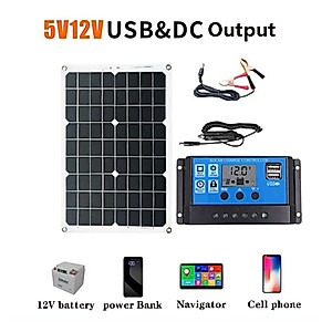 Weytoll Solar Panel System 18V 20W Solar Panel 30A Charge Controller with Dual USB Car Solar Inverter Kit Complete Power Generation Supply for Mobile Phones Sports Cameras, and 12V Car Batteries